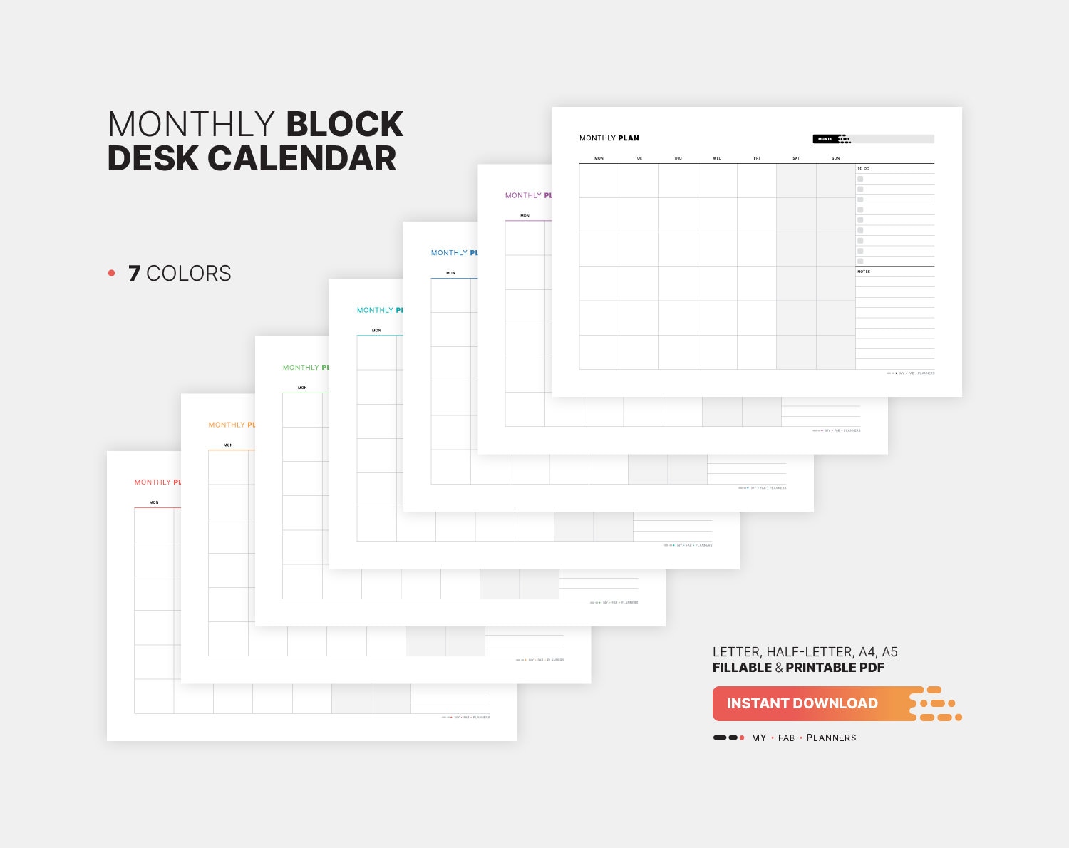 Monthly Block Desk Calendar, Fillable Blank Blocks Planner, Month at a ...