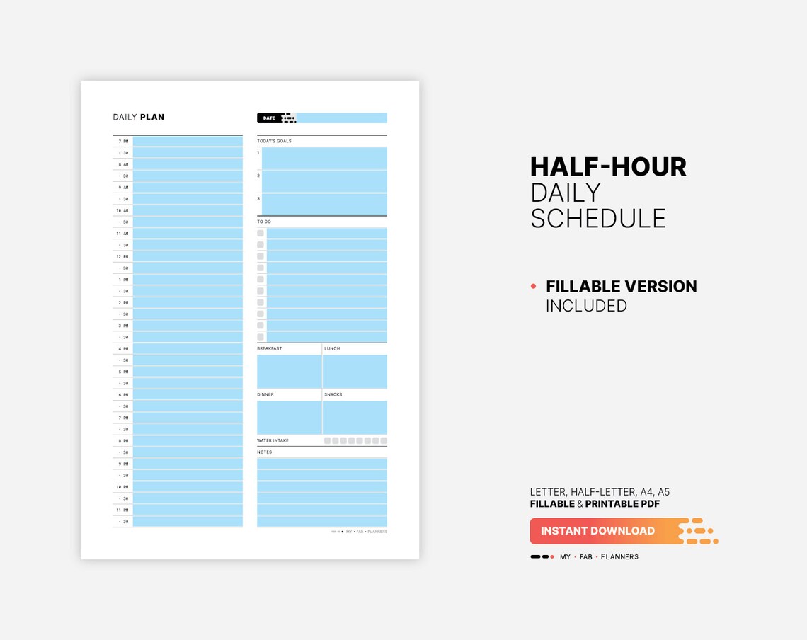 Half Hour Daily Schedule Planner Sheet, Fillable 30 Minute Time Block ...