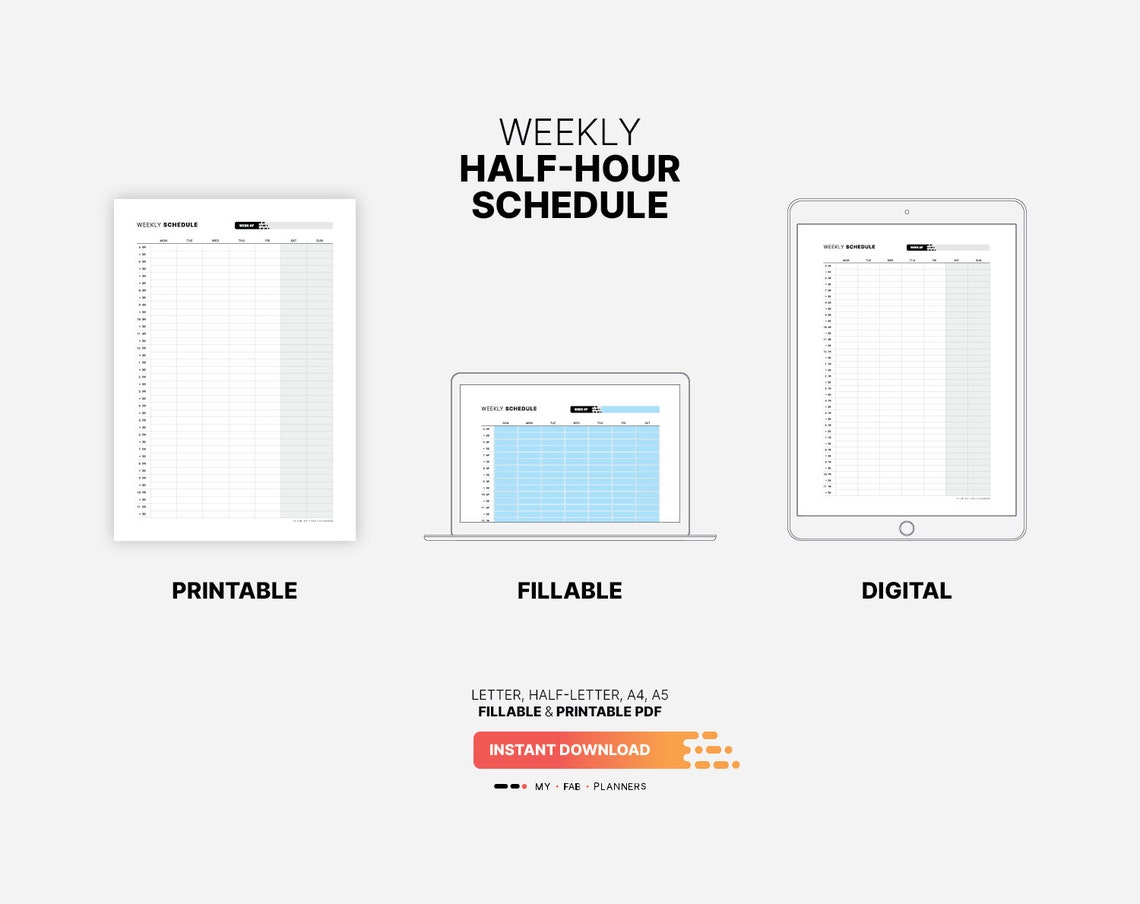 Weekly Half-hour Schedule, Printable Time Tracker, Digital Week at a ...
