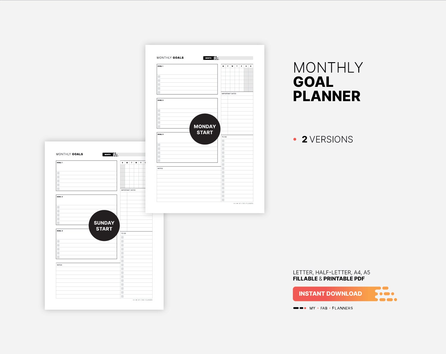 Monthly Goal Planner, Printable Work-life Goal Setting, Project ...
