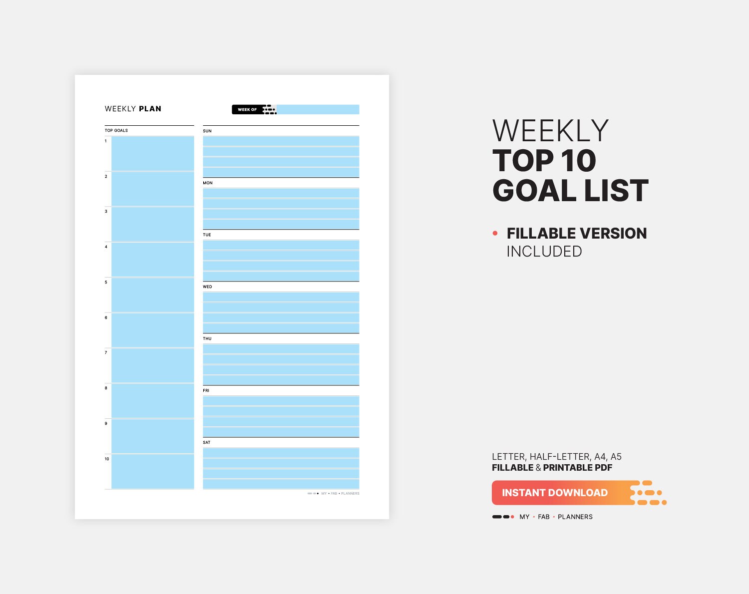 Weekly Top 10 Goal List Planner, Printable PDF Template - Etsy