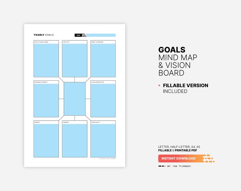 Goal Setting Mind Map & Vision Board Printable Yearly - Etsy
