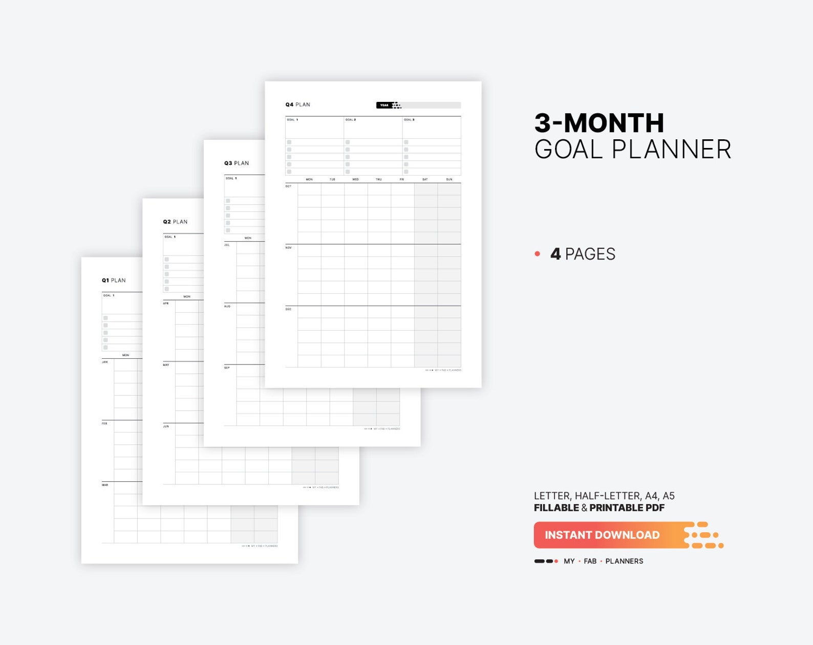 3-month Goal Planner & Calendar, Fillable Yearly, Quarterly Goals ...