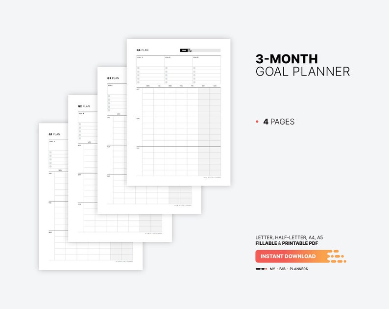 3-month Goal Planner, Quarterly Action Plan, Fillable PDF - Etsy