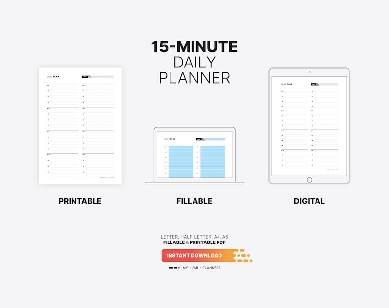 15 Minute Planner Undated Sheet, Daily Time Slots Organizer, Work ...