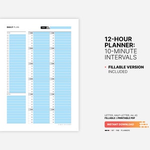 12-hour Planner, Printable 10-minute Work, Study Task Schedule ...