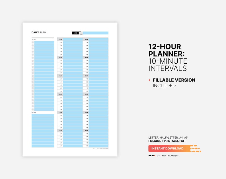 12-hour Planner, Printable 10-minute Work, Study Task Schedule ...