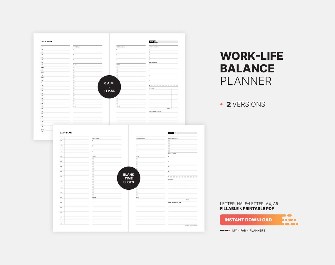 Daily Work Life Balance Planner, Fillable Goals, Time Slots, To-do List ...