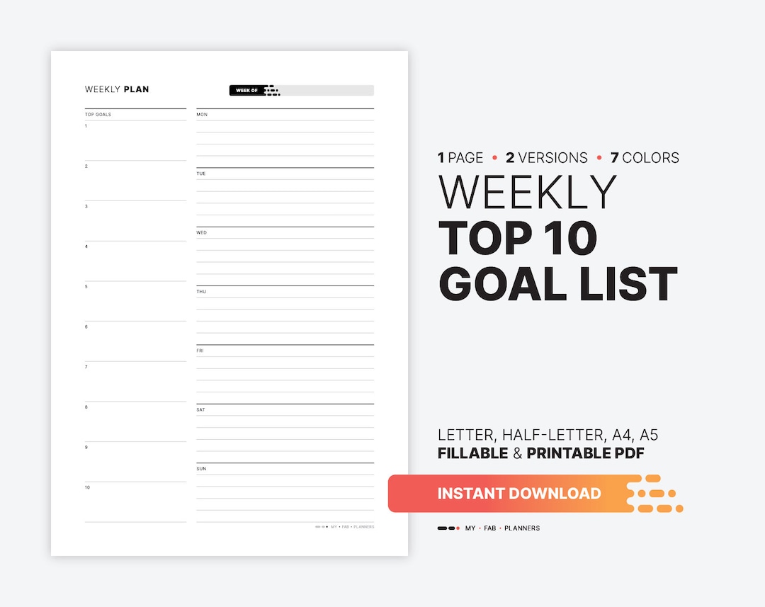 Weekly Top 10 Goal List Planner, Printable PDF Template - Etsy