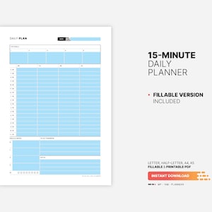 15-minute Daily Planner, Printable Work Schedule Chart, Fillable ...
