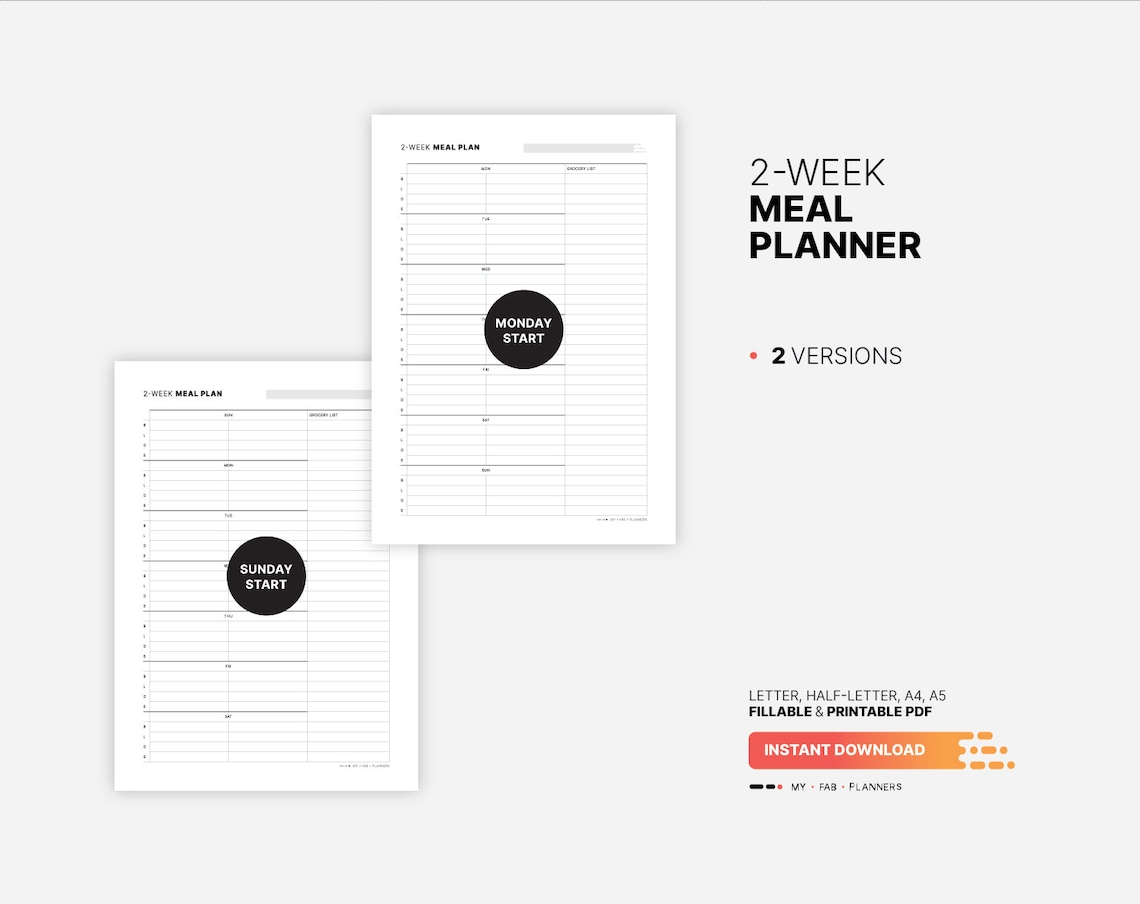 2-week Meal Planner, Grocery List, Printable Biweekly Healthy Prep Plan ...