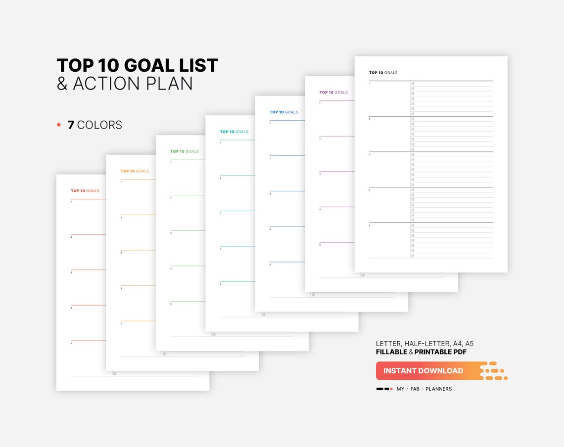 Top 10 Goal List & Action Plan Goal Setting Printable | Etsy