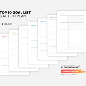 Top 10 Goal List & Action Plan, Goal Setting Printable Worksheet for ...