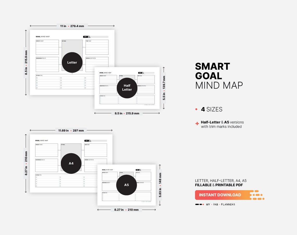 SMART Goal Mind Map, Printable Brainstorm Action Plan, Fillable Project ...