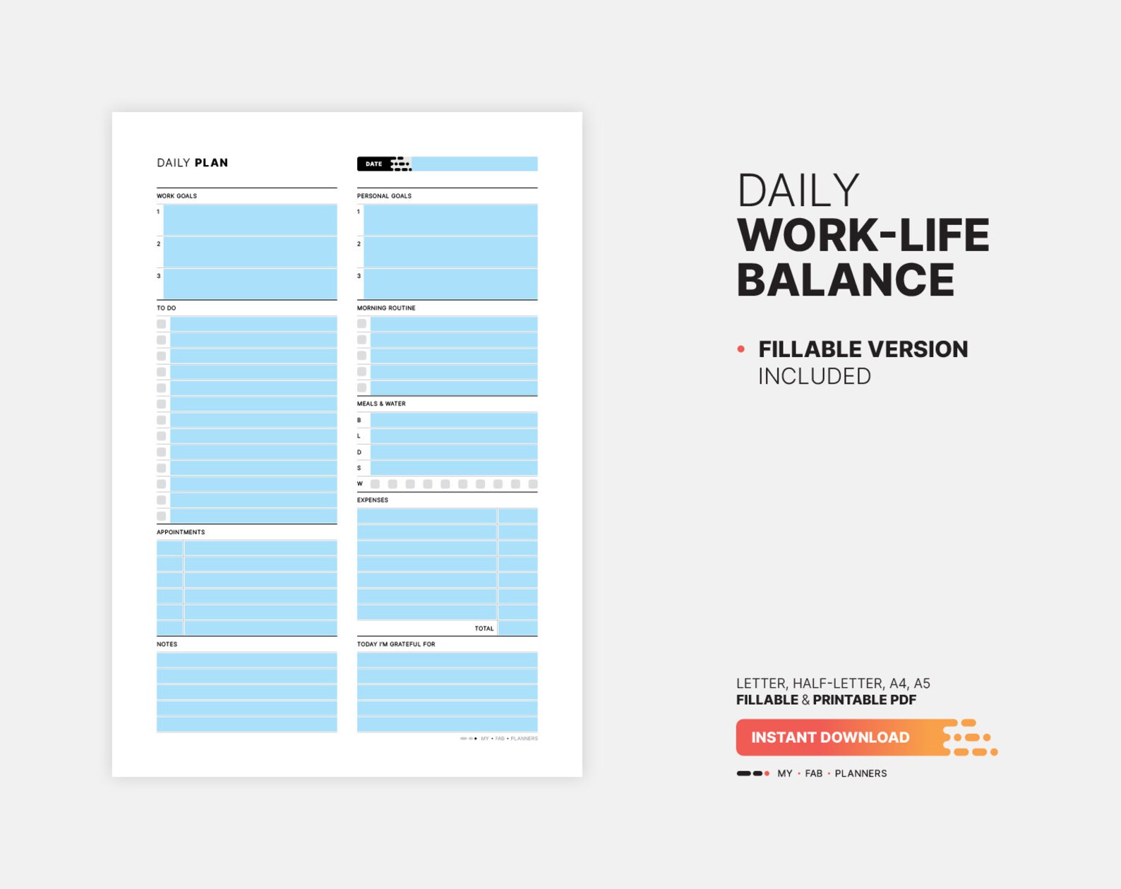 Daily Work Life Balance Planner, Fillable Goals, Work in Progress Log ...