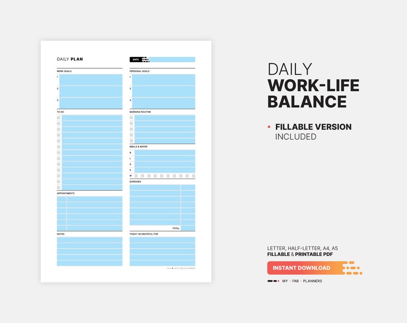 Daily Work Life Balance Planner, Fillable Goals, Work in Progress Log ...