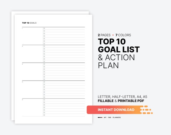 Top 10 Goal List & Action Plan Goal Setting Printable | Etsy