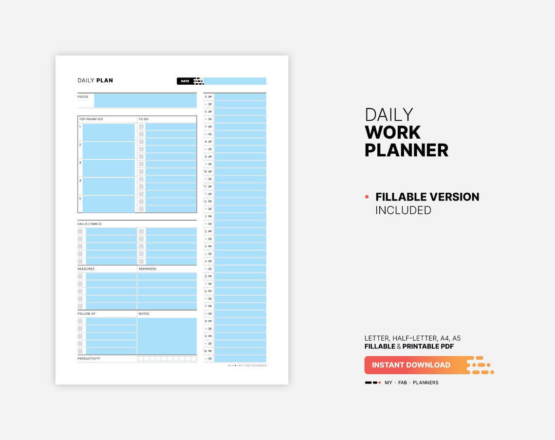 Daily Work Planner, Printable Fillable PDF Template - Etsy