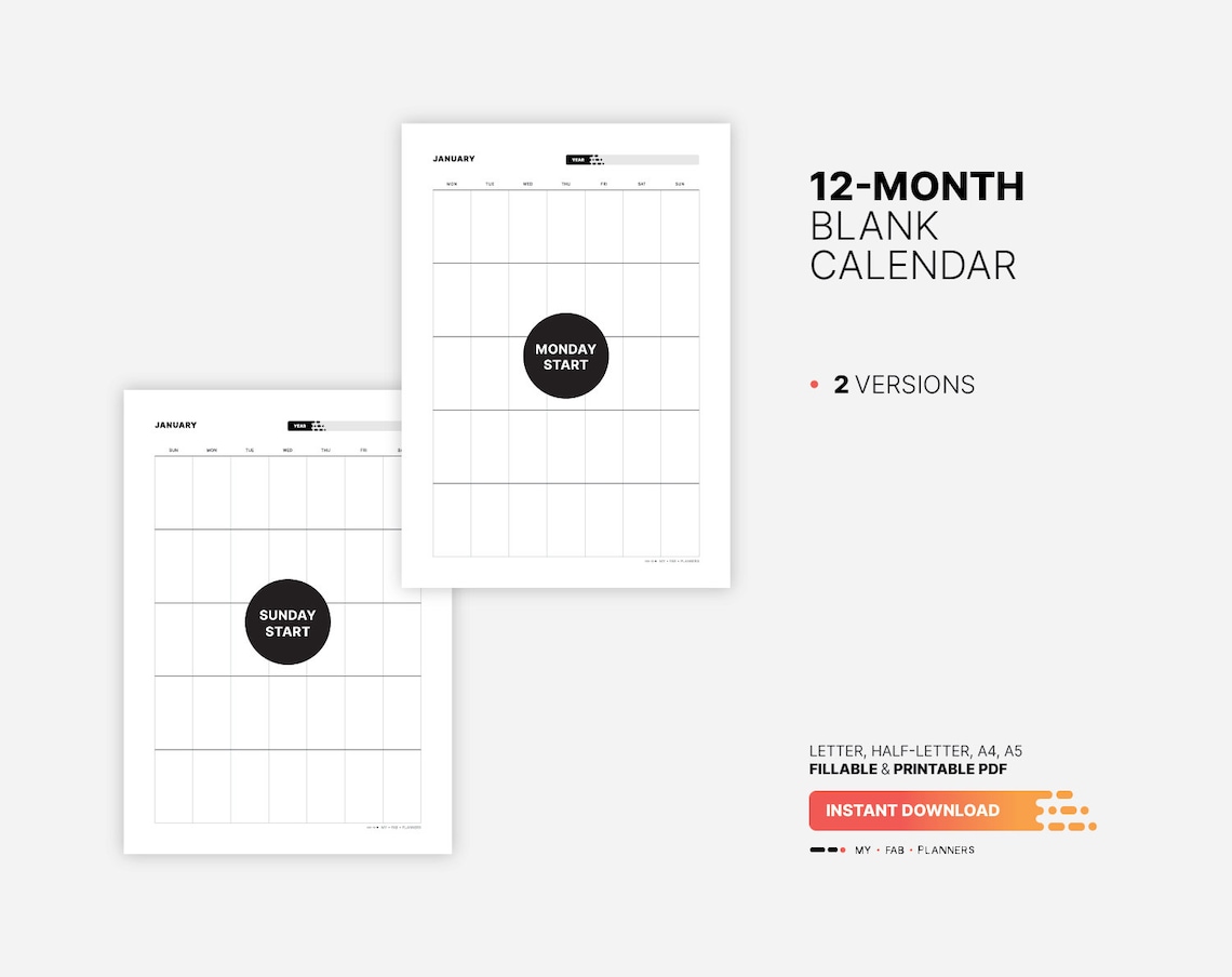 Undated 12-month Blank Calendar, Month At-a-glance Overview, Monthly ...