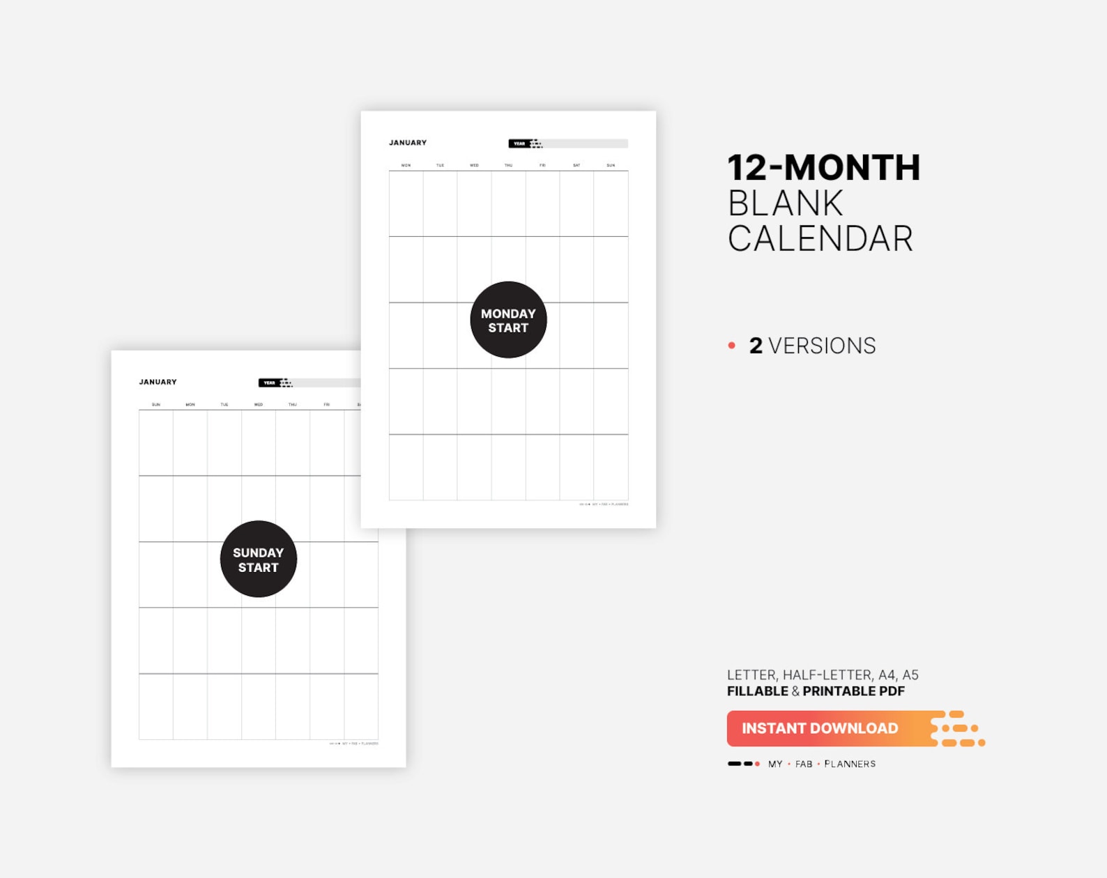 Undated 12-month Blank Calendar, Month At-a-glance Overview, Monthly ...