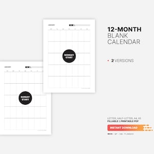 Undated 12-month Blank Calendar, Month At-a-glance Overview, Monthly ...