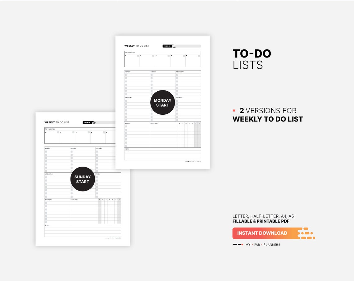 Things to Do Lists, Printable Daily, Weekly, Monthly Work at Home Task ...