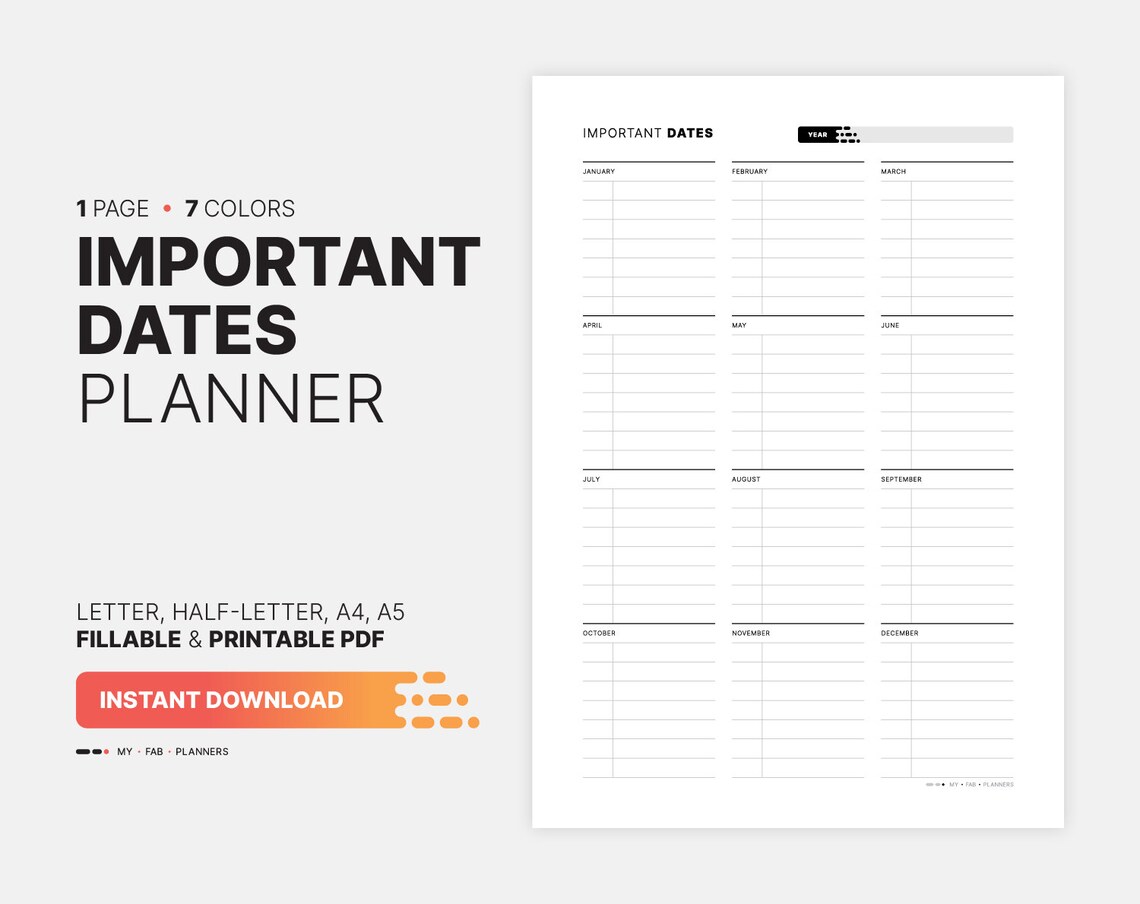 Yearly Important Dates Planner Fillable Year of Dates | Etsy