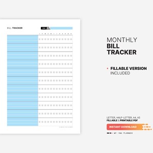 Monthly Bill Tracker, Fillable Financial Planner, Bills Due & Payment ...