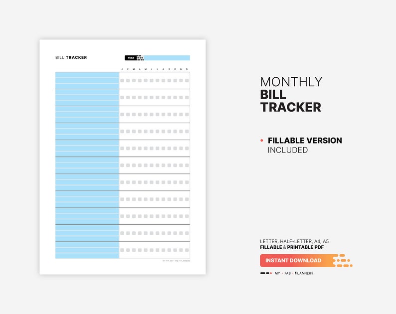 Monthly Bill Tracker, Fillable Financial Planner, Bills Due & Payment ...