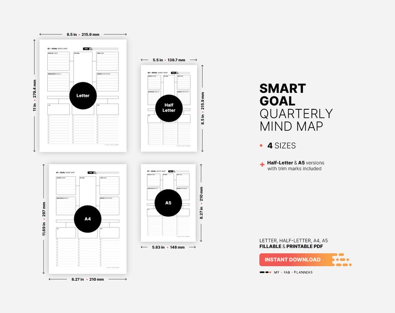 SMART Goal Quarterly Mind Map, Fillable PDF Template (letter, A4, A5 ...
