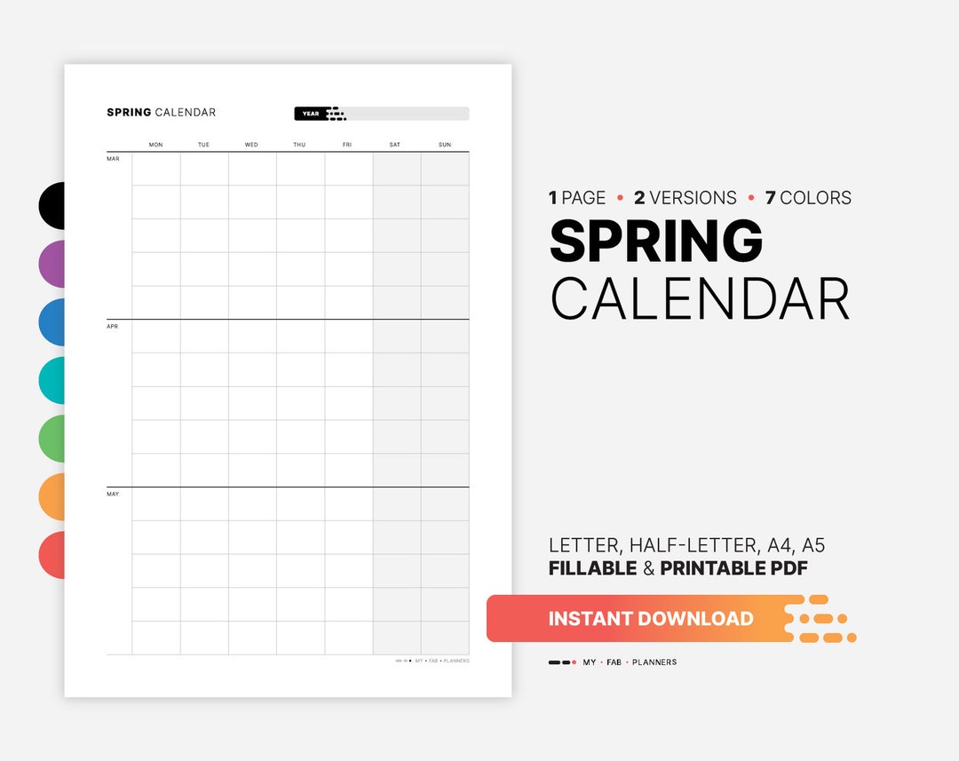 Spring Calendar, 3 Month Family Fun Planner, Seasonal Holiday ...
