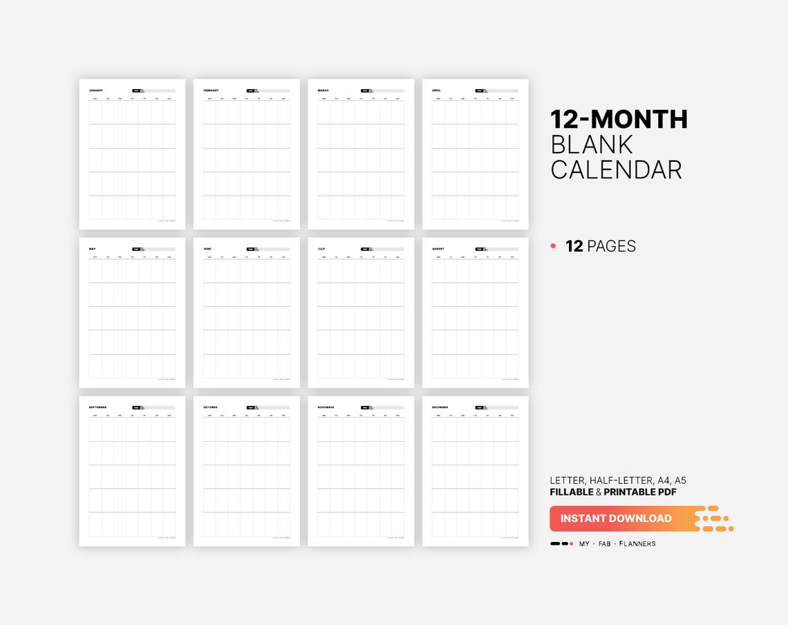 Undated 12-month Blank Calendar, Month At-a-glance Overview, Monthly ...