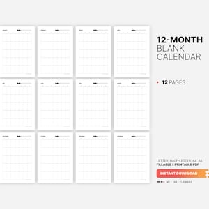 Undated 12-month Blank Calendar, Month At-a-glance Overview, Monthly ...