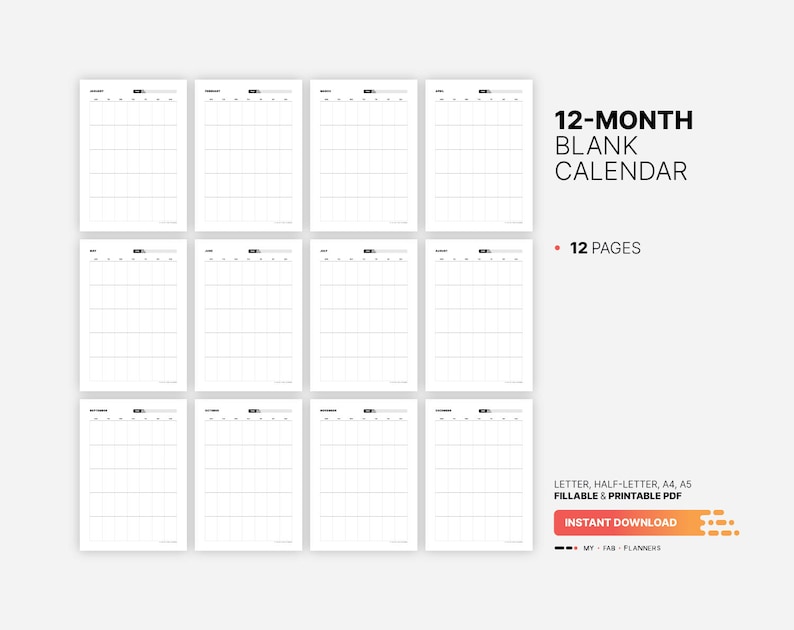 Undated 12-month Blank Calendar, Month At-a-glance Overview, Monthly ...