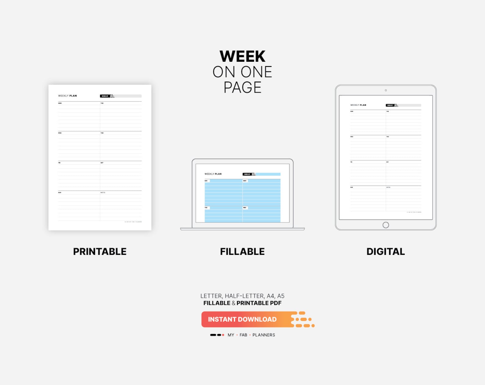 Week on One Page Overview, Organizer, Undated Fillable Weekly Routine ...