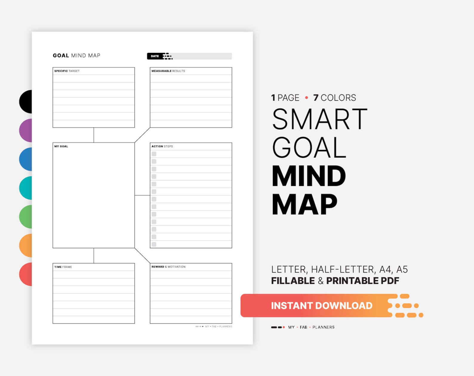 SMART Goal Mind Map, Printable Long-term Life Goals Setting, Mapping ...