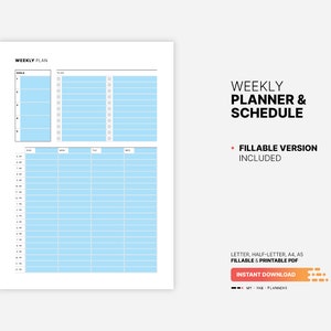 Weekly Planner, Schedule, Printable Week at a Glance Calendar, Fillable ...