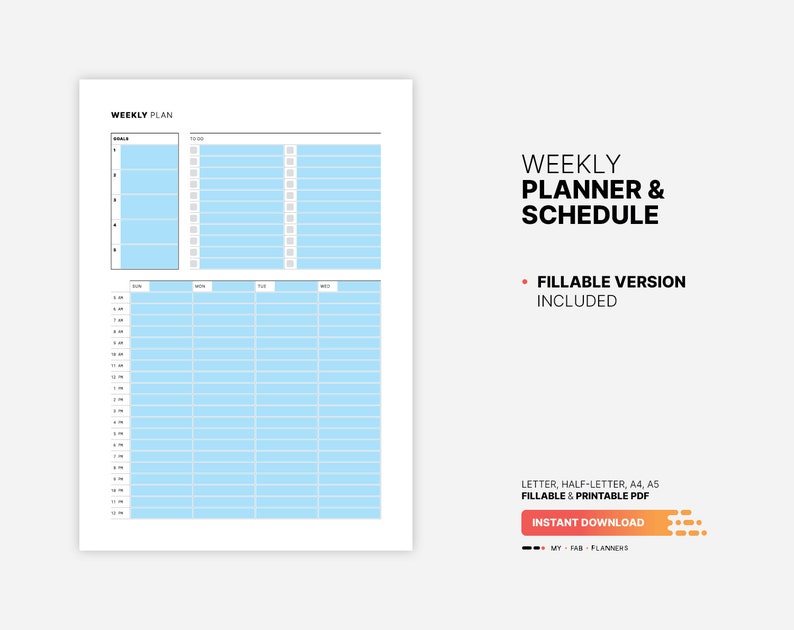 Weekly Planner, Schedule, Printable Week at a Glance Calendar, Fillable ...