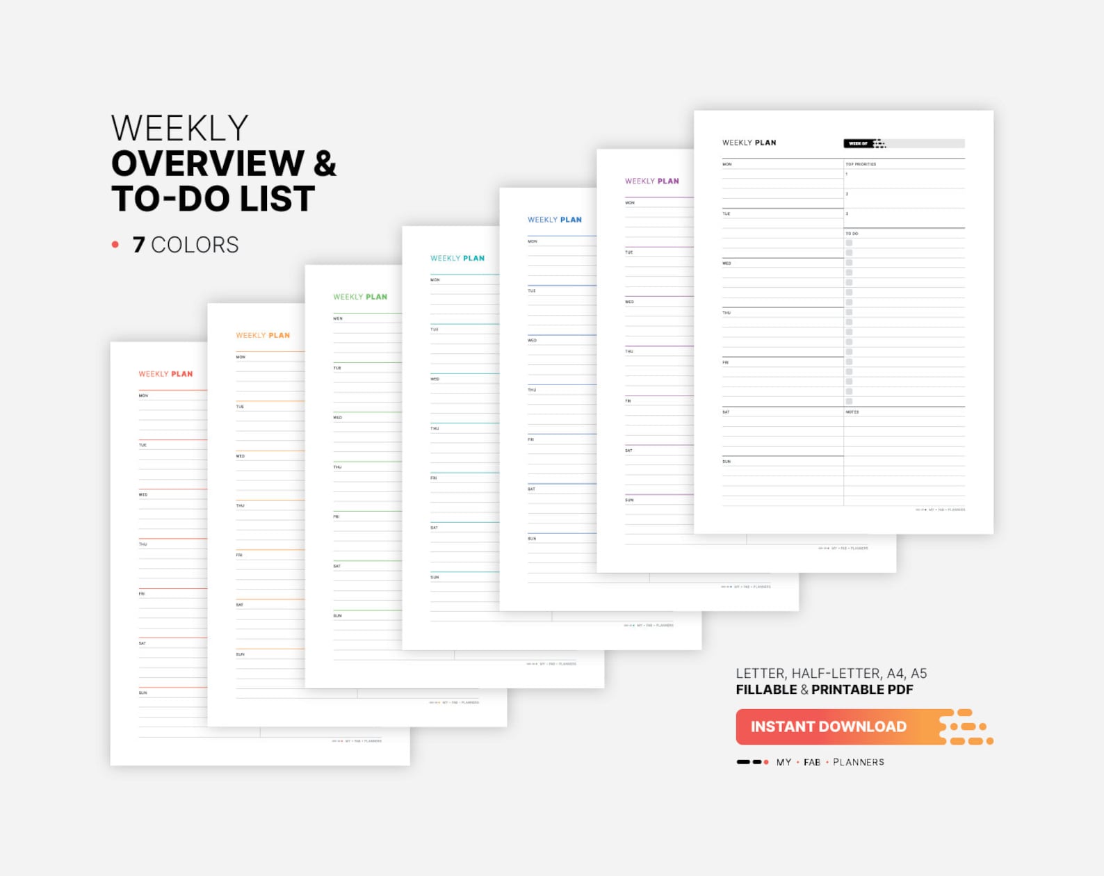 Weekly Overview on One Page, Week Ahead At-a-glance Planner, Fillable ...