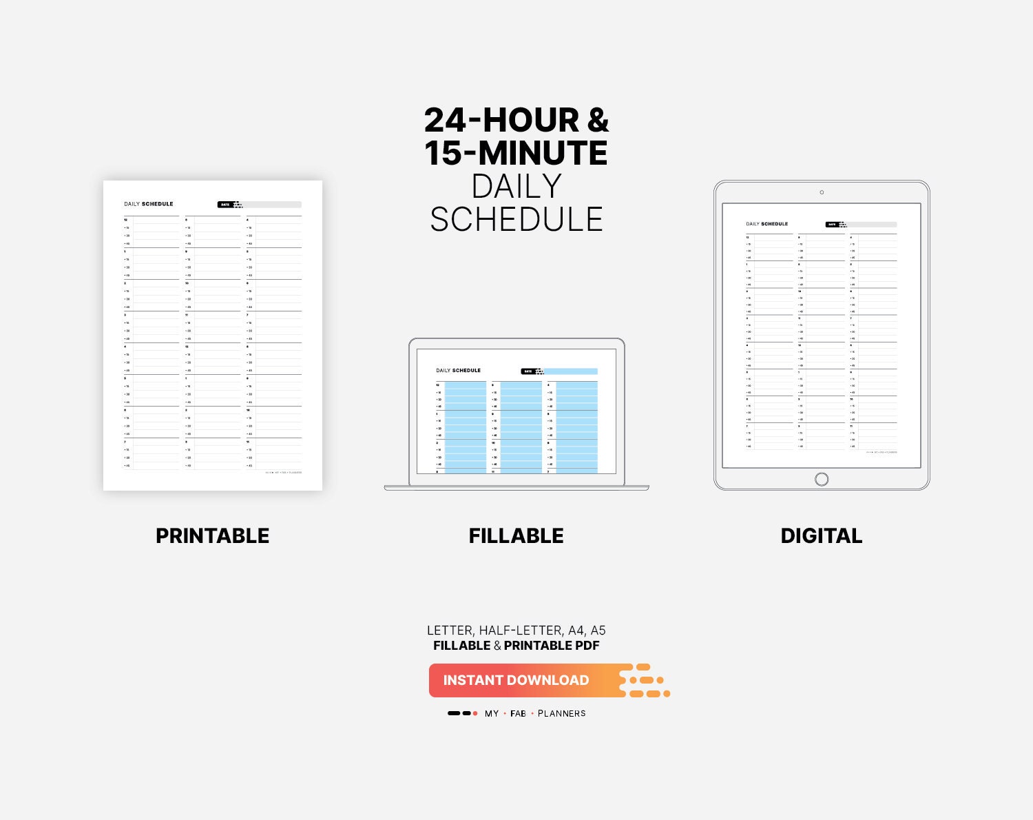 24 Hour 15 Minute Daily Schedule Planner Undated Fillable - Etsy