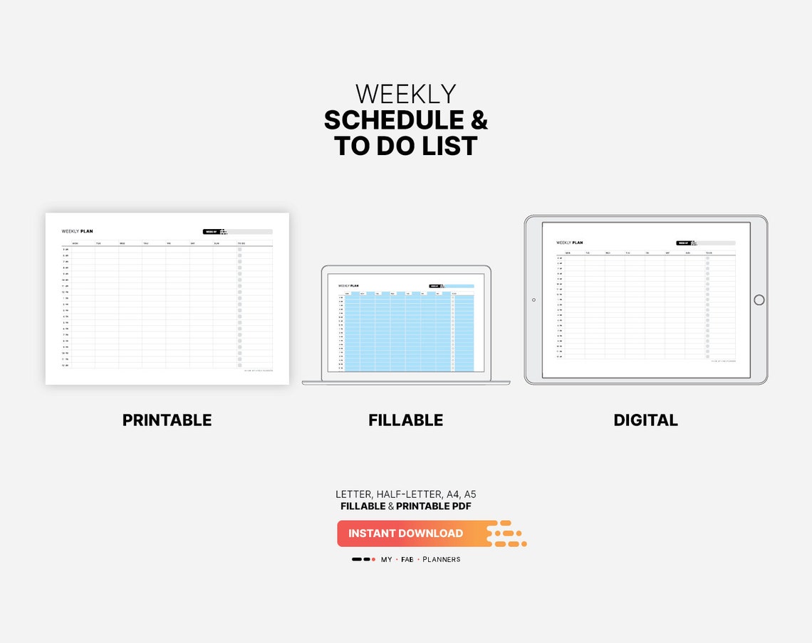 Weekly Schedule, Printable Things to Do List, Fillable Daily Life ...