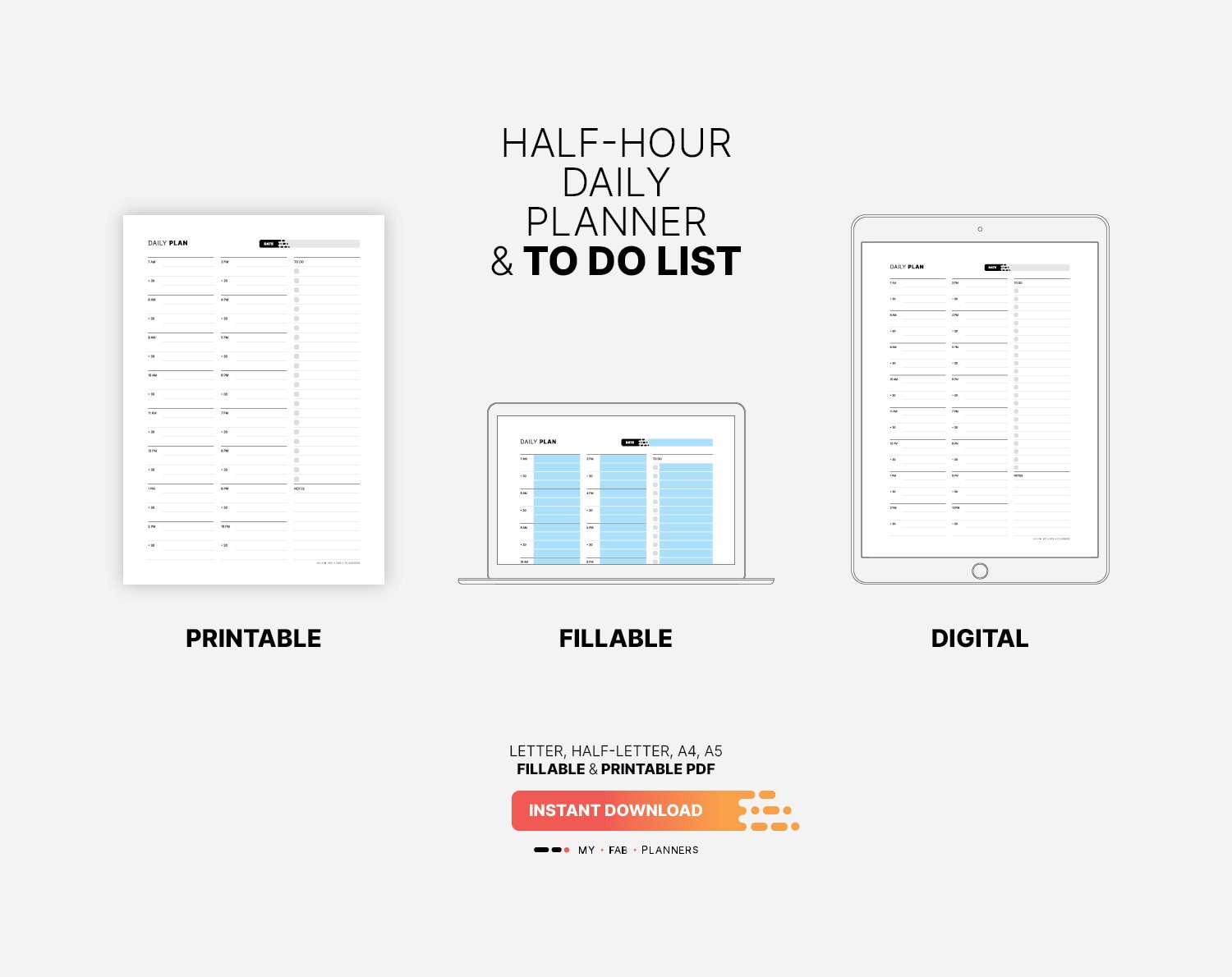 30 Minute Daily Planner With to Do List Template, Fillable Half Hour ...