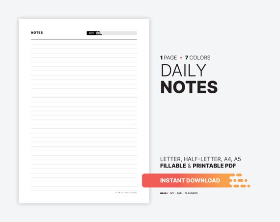 Daily Notes Taking & Writing Planner Page Template Digital | Etsy