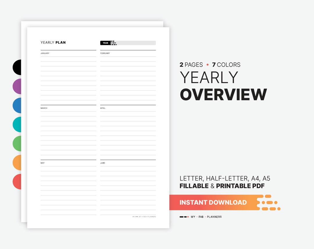 Yearly Overview Planner, Digital Year at a Glance Template, Fillable ...