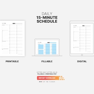 Daily 15-minute Schedule, Printable Work Chart Planner, Fillable ...