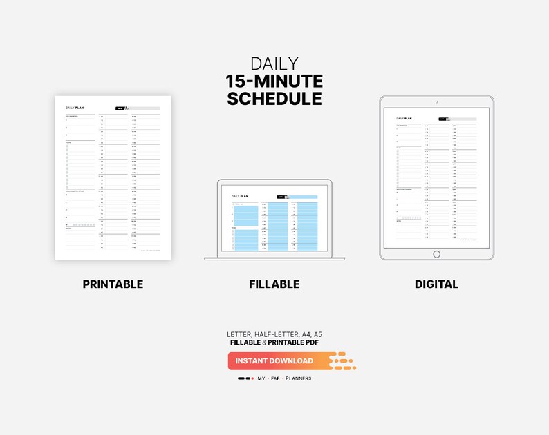 Daily 15-minute Schedule, Printable Work Chart Planner, Fillable ...