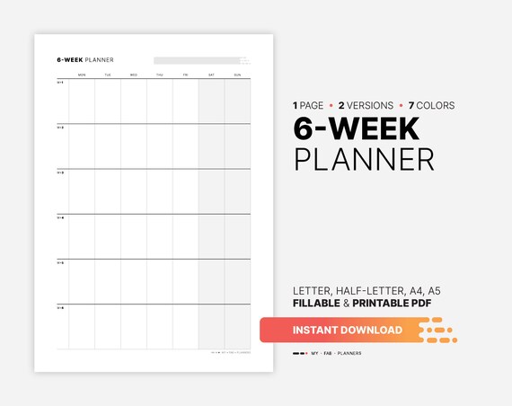 6-week Calendar Planner Fillable Work & Productivity Goal | Etsy Canada
