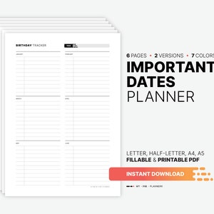 Important Dates Planner, Printable Birthday Tracker, Fillable Year ...