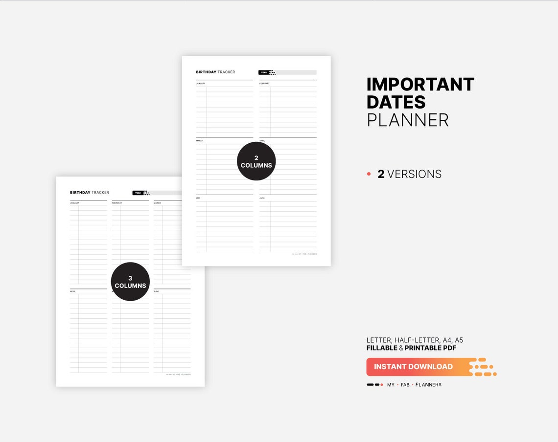 Important Dates Planner, Fillable Birthday Tracker (digital PDF) - Etsy