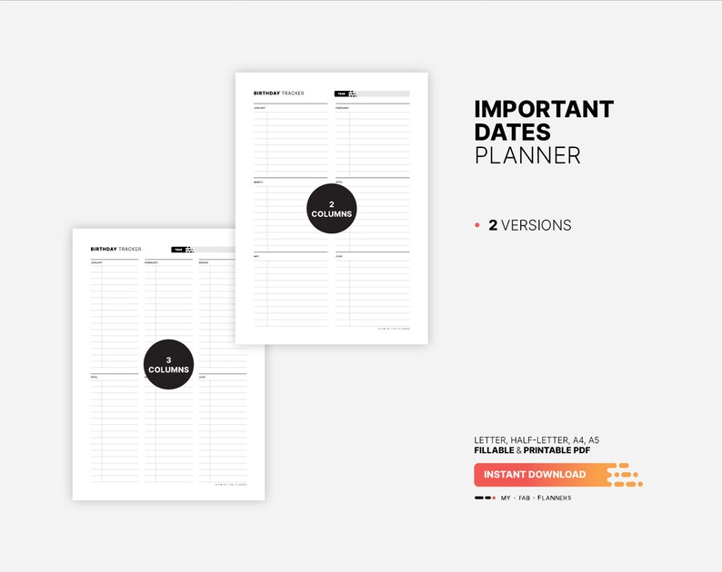 Important Dates Planner, Printable Birthday Tracker, Fillable Year ...
